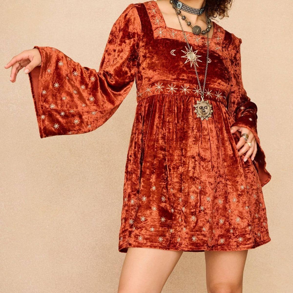 Constellation Orange Velvet Embroidered Mini Dress – The Hippie Shake